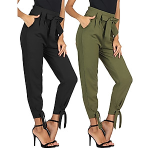 GRACE KARIN Women's Paper Bag High Waist Slim Fit Knot Pants with Belt 2pcs Black & Army Green L