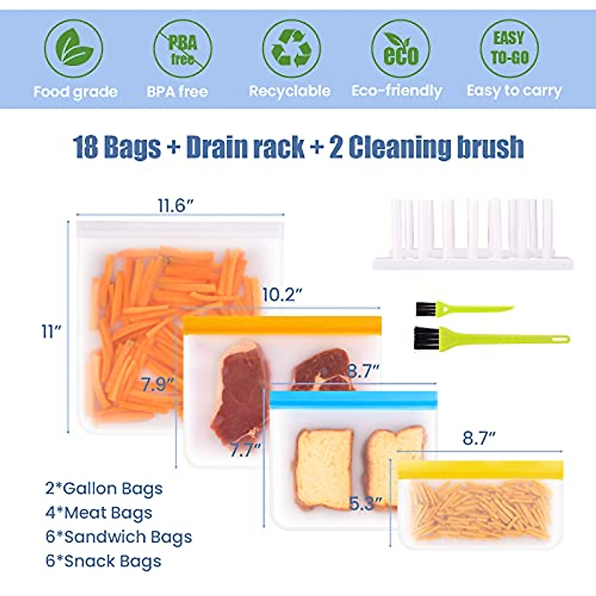 Reusable Storage Bags -21 Piece Set, 2 Reusable Gallon Bags & 4 Reusable Freezer Bags & 6 Reusable Sandwich Bags & 6 Reusable Snack Bags, BPA free LEAKPROOF Thickend Reusable Food Storage Bags