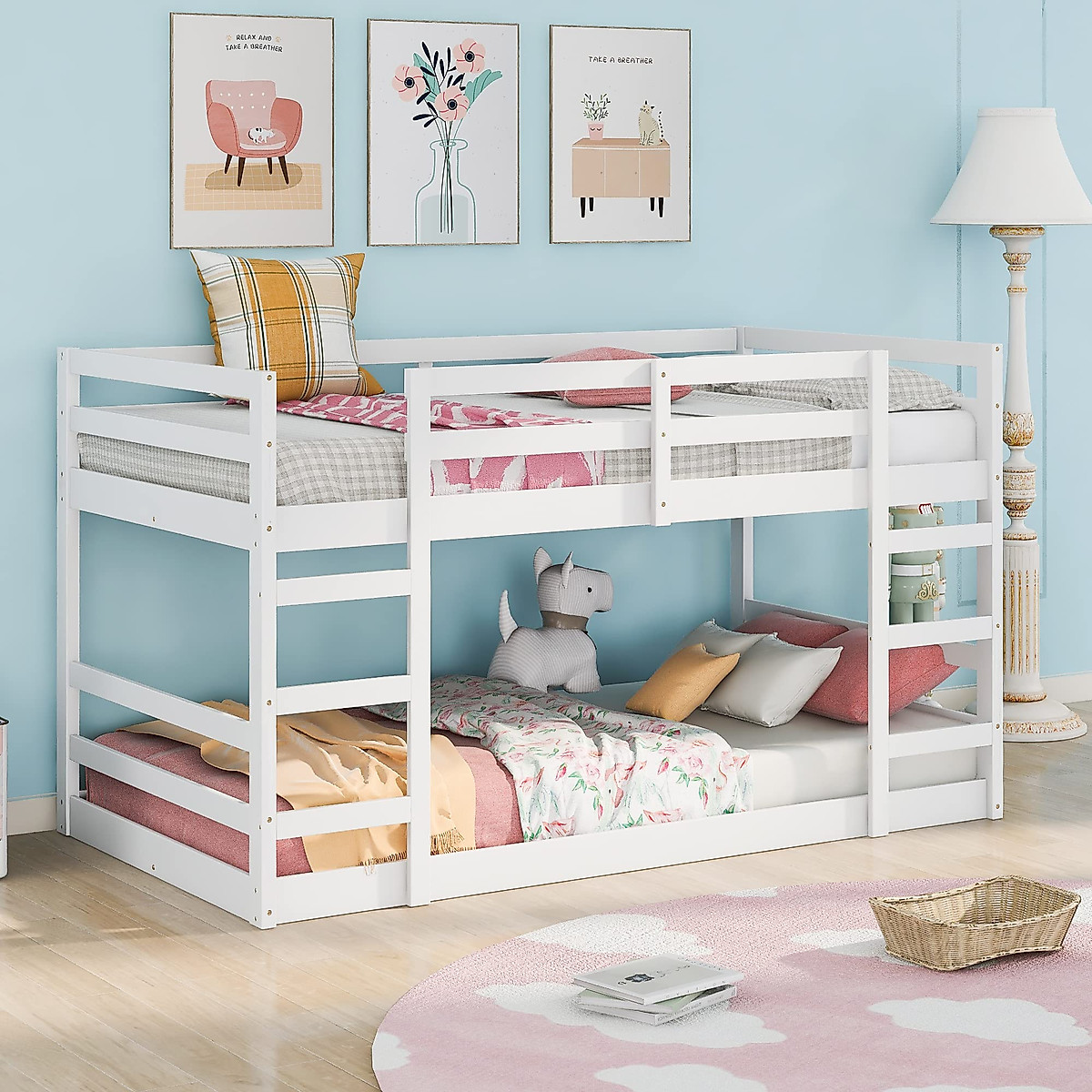Prohon Twin Over Twin Bunk Bed for Kids Teens, Low Bunk Bed with Ladder and Guard Rail, Space Saving Bunkbed Solid Wood Slats Support No Box Spring Needed, Gray