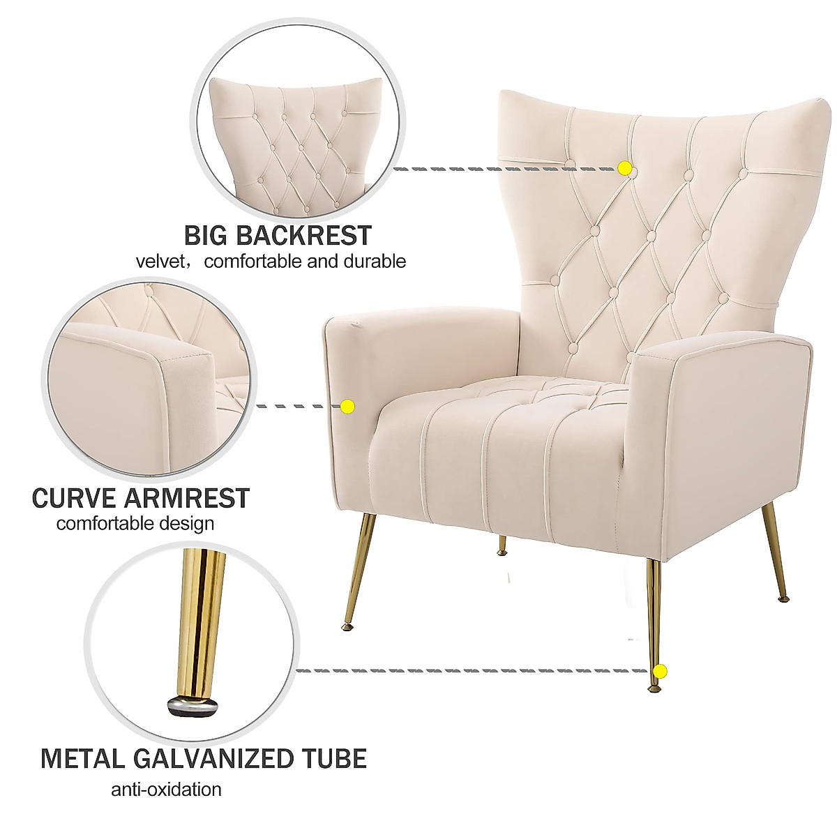 Modern Velvet Accent Chair with Ottoman, Elegant Wingback Armchair with Gold Metal Legs, Comfy Upholstered Single Leisure Sofa Reading Chair for Living Room Bedroom Club Apartment Home Office (Beige)