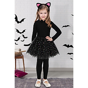 AOTHSO 6 Pieces Halloween Girls Black Cat Costume Set Long Sleeve Pants Headband Bowtie Tail Tutu Skirt Accessories for Kids