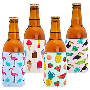 12-Pack Tropical Neoprene Can Cooler Sleeves for Beer, Soft Drinks, Water Bottles, Soda Covers for Bridal Shower, Bachelorette, Beach, Luau, Pool Parties, 4 Summer-Themed Designs (12 Oz)