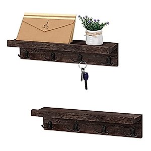 BTY Coat Rack Wall Mount with Shelf, Wall Mounted Coat Rack for Towel Key Hat, Rustic Wood Wall Hooks with Shelf for Kitchen, Bathroom, Entryway, 2 Pack Entryway Shelf with Hooks