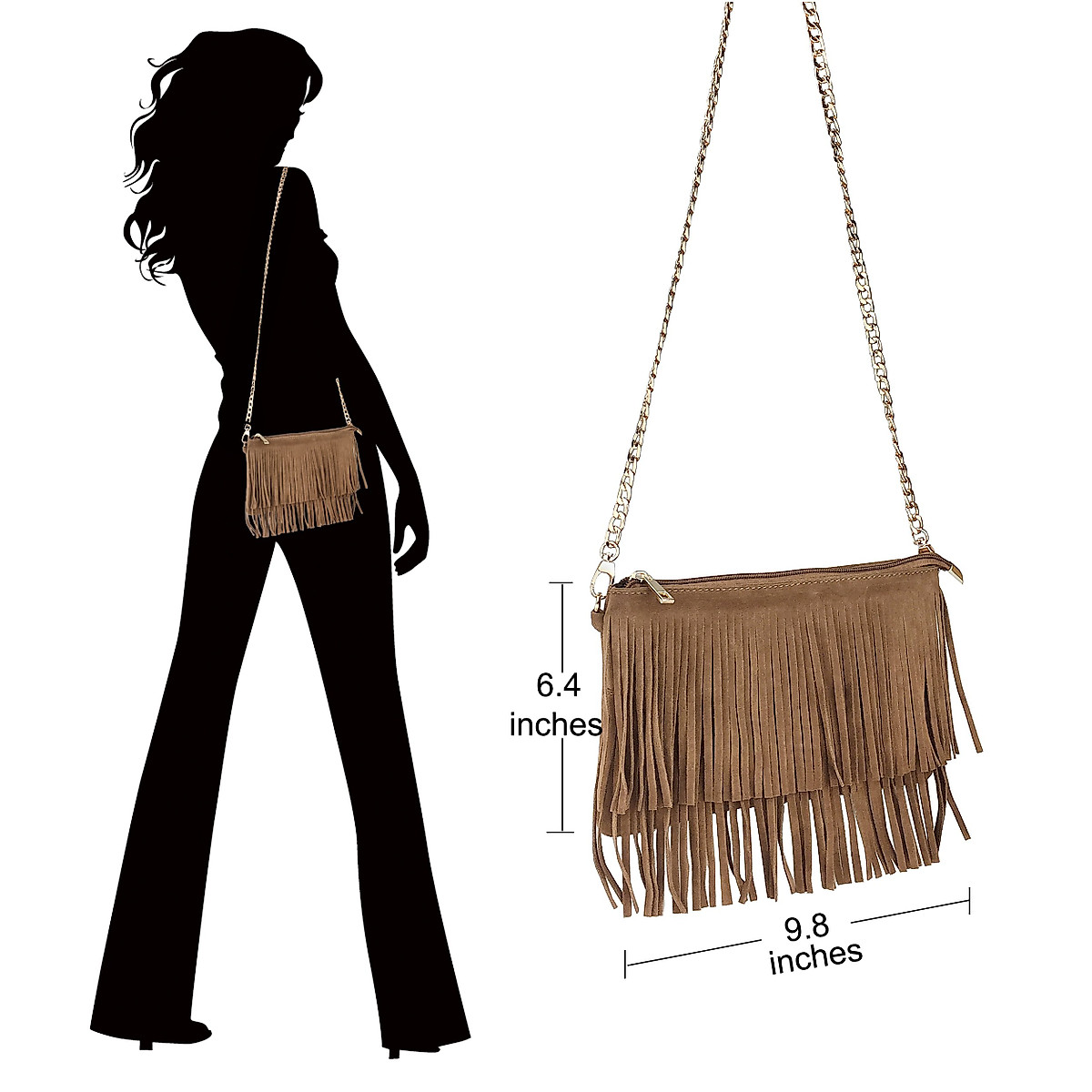 HOXIS Fringe Cross Body Bag Womens Small Shoulder Bag Top Zip Wristlet Brown