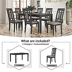 Woanke Table & Chair 7 Piece Dining, Extendable 6 Upholstered Chairs, Breakfast Nook Table Set for Restaurant, Living Room, Kitchen Area, 3-Gray