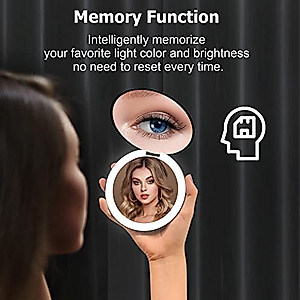 LED Lighted Travel Makeup Mirror, Rechargeable Large 5" 1x/10x Magnifying- Medical Grade LED, 3 Colors Settings & Brightness Adjustable- Portable, Touch Screen Compact Mirror w/Brighter Light (Black)