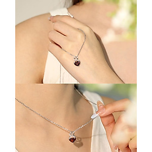 FANCIME 14K Solid White Gold Genuine Garnet Necklace January Birthstone 1.5 CT Gemstone Heart Necklace Small Dainty Fine Jewelry for Women 16”+2” Extender