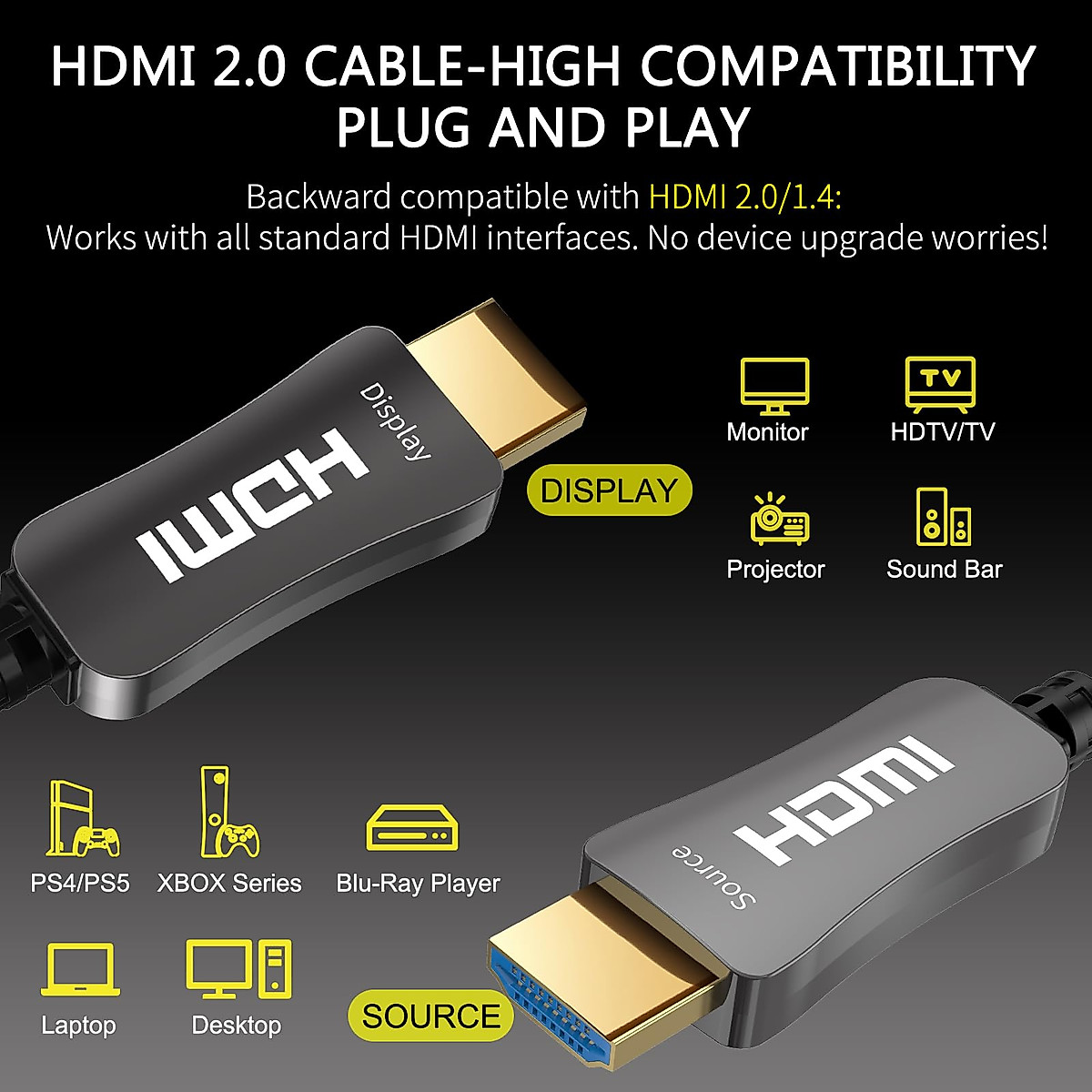 ATZEBE Fiber Optic HDMI Cable 164ft, Fiber HDMI Cable Supports 4K@60Hz, 4:4:4/4:2:2/4:2:0, HDR, Dolby Vision, HDCP2.2, ARC, 3D, High Speed 18Gbps, Slim and Flexible HDMI Fiber Optic Cable