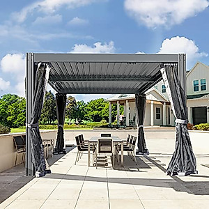 Domi Outdoor Living 12’ x 16’ Louvered Pergola with Adjustable Rainproof Roof, Outdoor Aluminum Frame Hardtop Gazebo for Backyard, Garden and Lawn w/Netting (Dark Gray)