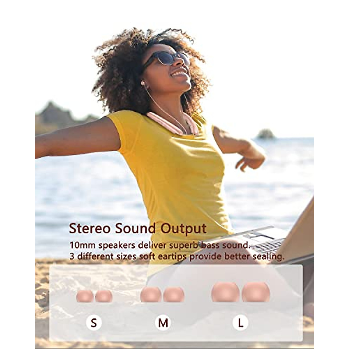 Bluetooth Headphones, Wireless Neckband Headset with Retractable Earbuds, Stereo Earphones w/Noise Canceling Mic for Conferences, Work Out, Travel, Compatible with Android iPhone (Rose Gold)