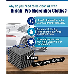 Airlab Microfiber Towels for Cars Wash & Drying Auto Detailing, Highly Absorbent, Lint-Free, Streak-Free, All-Purpose Cleaning Cloths for Household, 16" x 16", Pack of 8, Grey