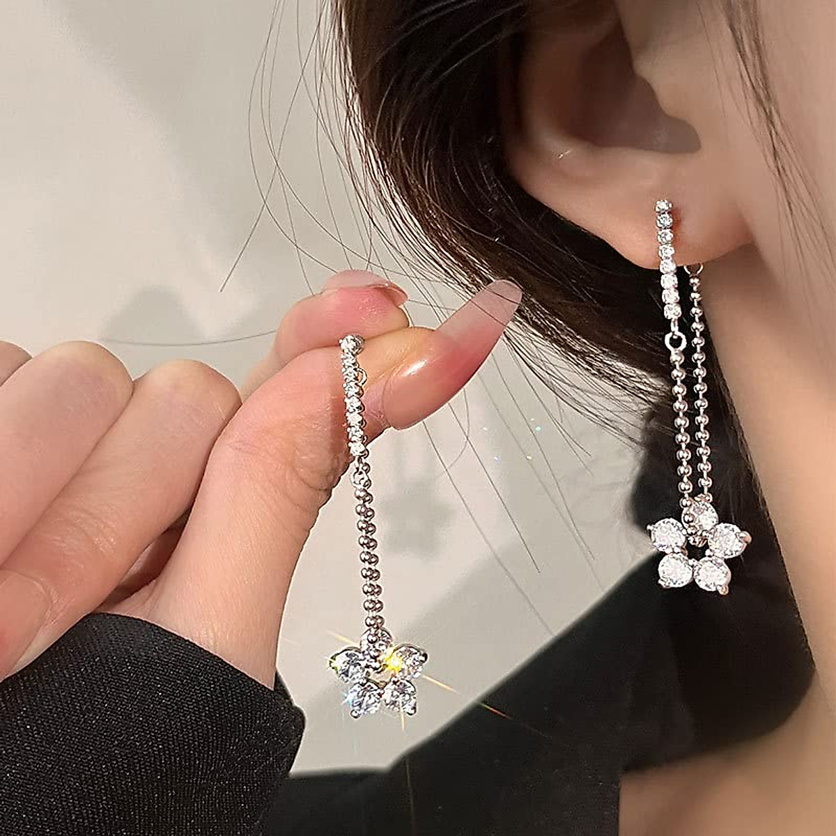SLUYNZ 925 Sterling Silver CZ Flower Dangle Earrings Chain for Women Crystal Flower Drop Earrings Tassel Chain (A-Silver)