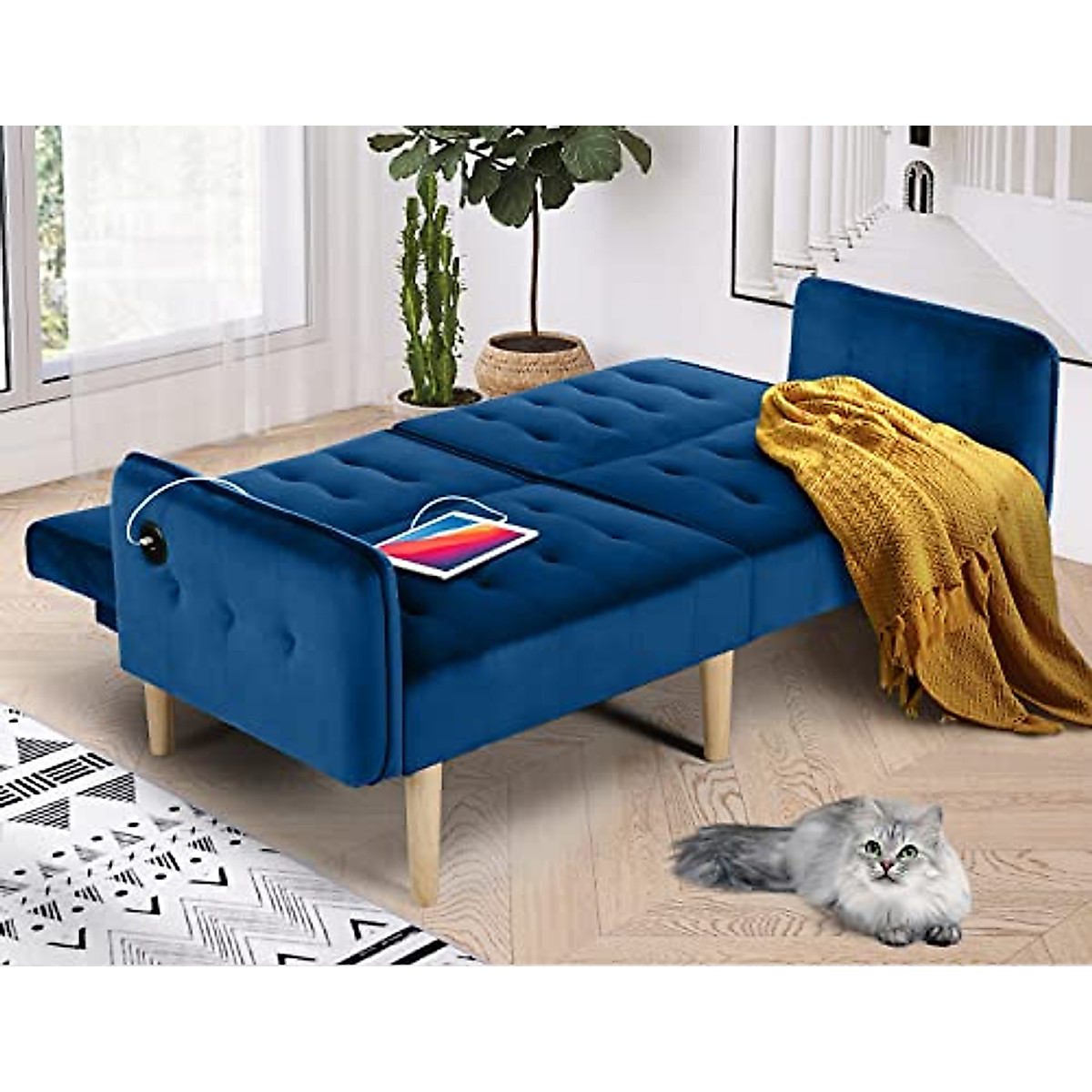 TYBOATLE 65"W Velvet Modern Convertible Folding Futon Couch Sofa Bed w/ 2 USB Charging Ports and Arms, Loveseat for Compact Living Space, Dorm, Game Studio, Bonus Room, Apartment, Bedroom (Navy Blue)