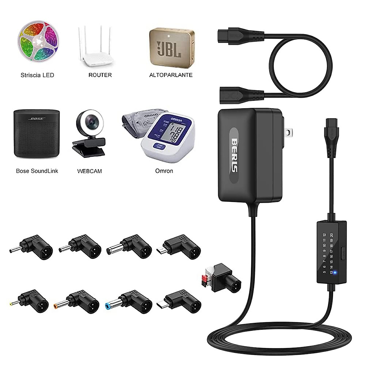 24W Universal Power Supply Multi-Voltage Regulated Switching with 10 Connectors for 3V to 12V Household Electronics, LED Strip Light, External Hard Driver, Adjustable Variable AC/DC Adapter