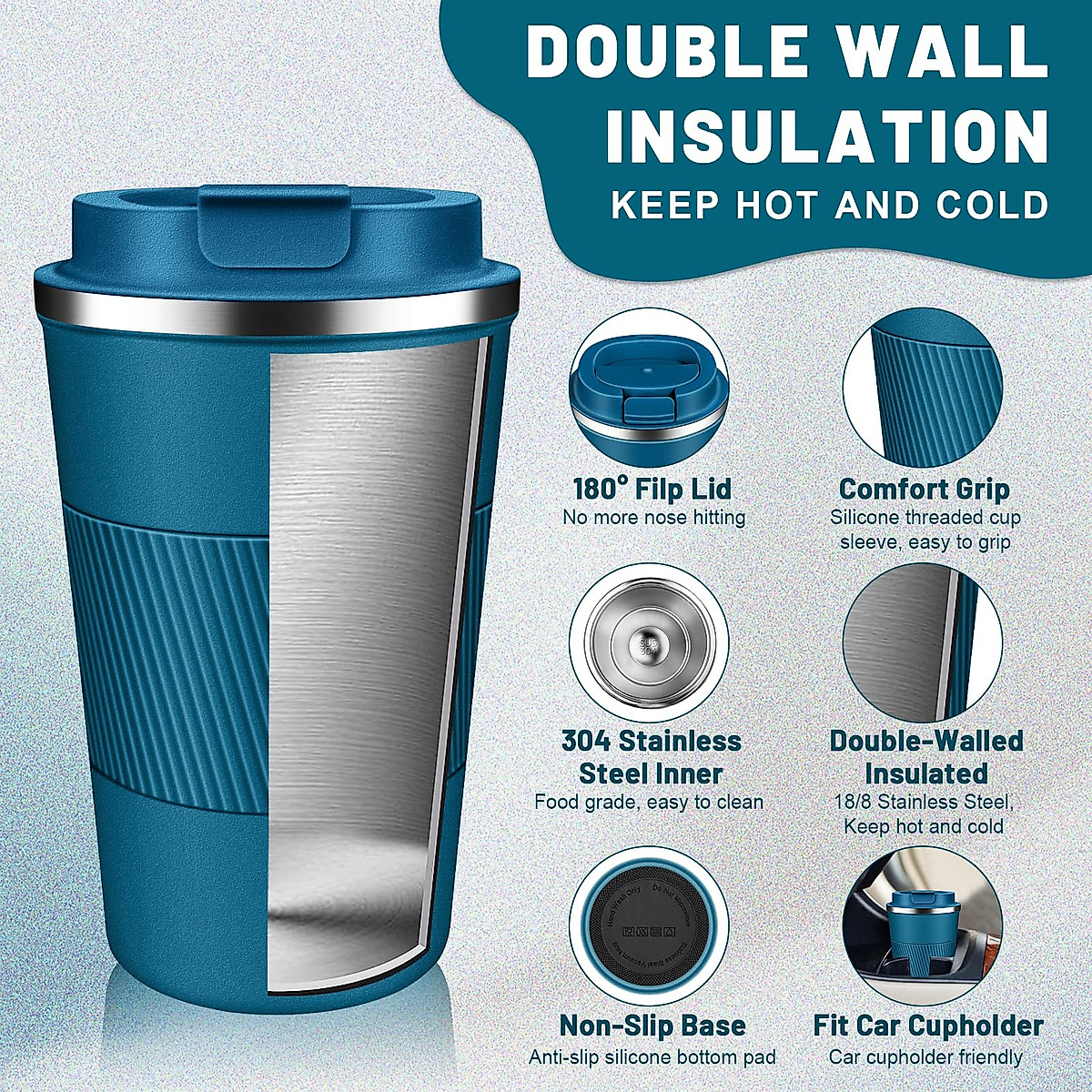 Insulated Coffee Tumblers with Flip Lid 12oz / 17oz, Stainless Steel Travel Coffee Mug Leak Proof, Vacuum Insulated Coffee Mug Thermos Cup, Keeps Cold and Hot for Coffee Tea