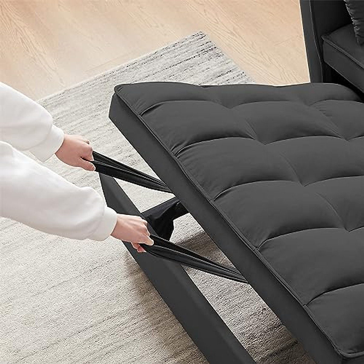 Polibi Convertible Sleeper Sofa Bed, Modern Velvet Loveseat Futon Sofa Couch w/Pullout Bed, Lounge Sofa w/Reclining Backrest, Toss Pillows, Storage Pockets, Black