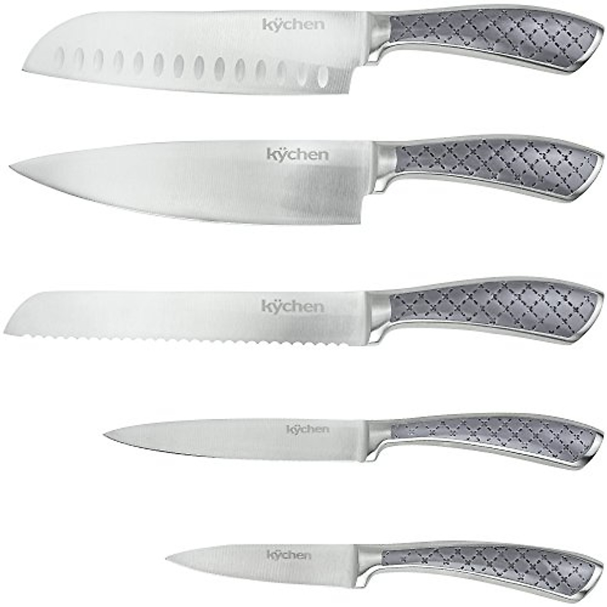 Set of 5 Tizona Kitchen Knives - Premium Stainless Steel Cutlery with Patterned Handles & Clear Acrylic Display Case, Professional Cutting Utensils by Kÿchen