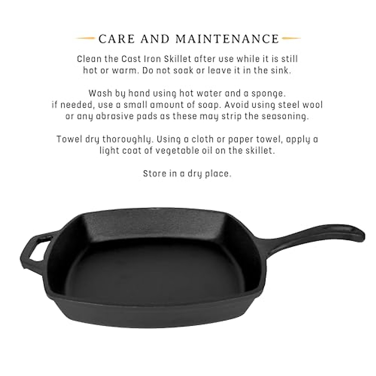 Jim Beam JB0217 10.5" Pre Seasoned Cast Iron Square Skillet for Grill, Gas, Oven, Electric, Induction and Glass, Black