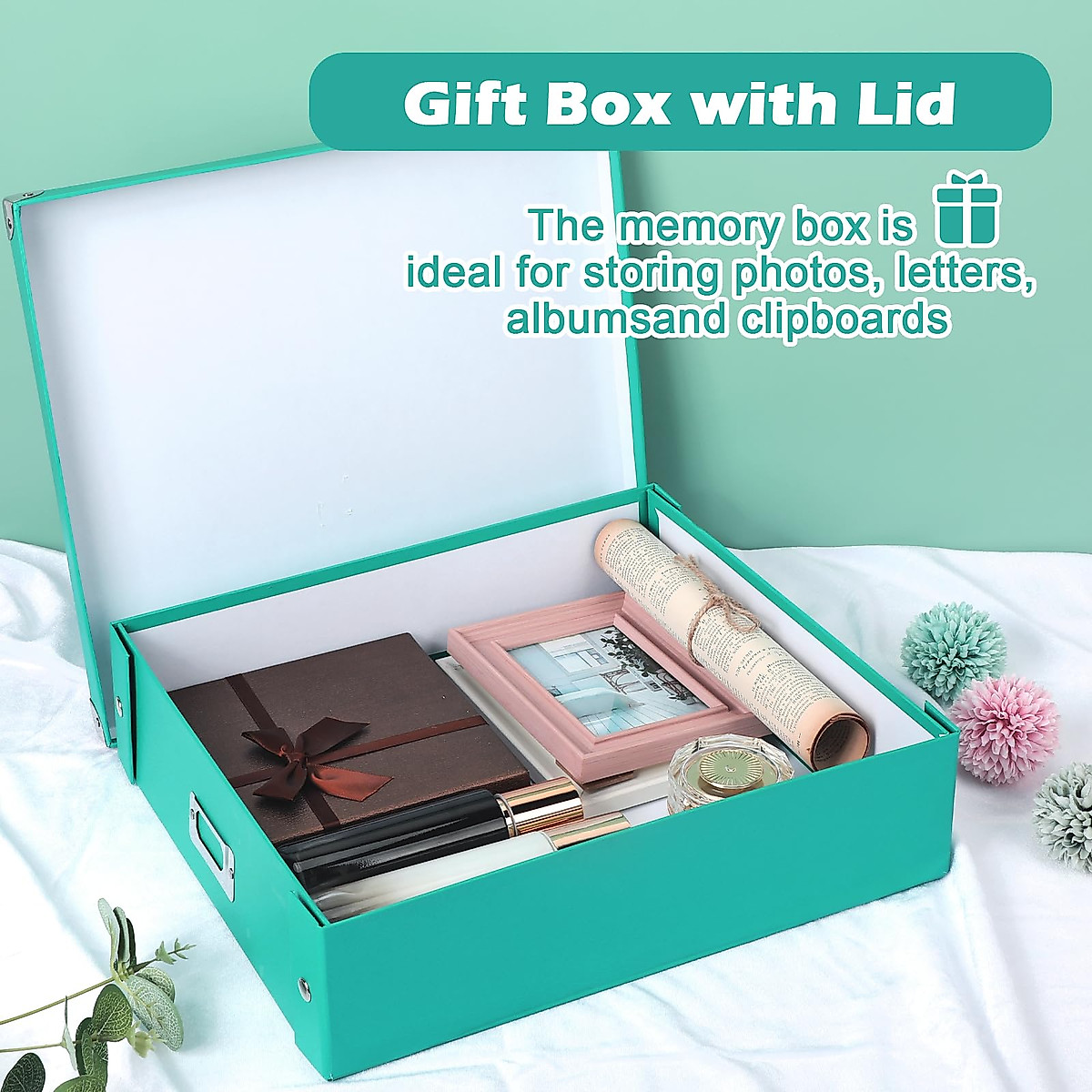 2 Pack 12“ x 12" Jumbo Photo Storage Box Fold Scrapbook Storage Box with Lid Forest Green Archival Storage Boxes Document Organizer Boxes Photo Storage Ideas For Album Keepsake 14.5" x 12.8" x 3.5"