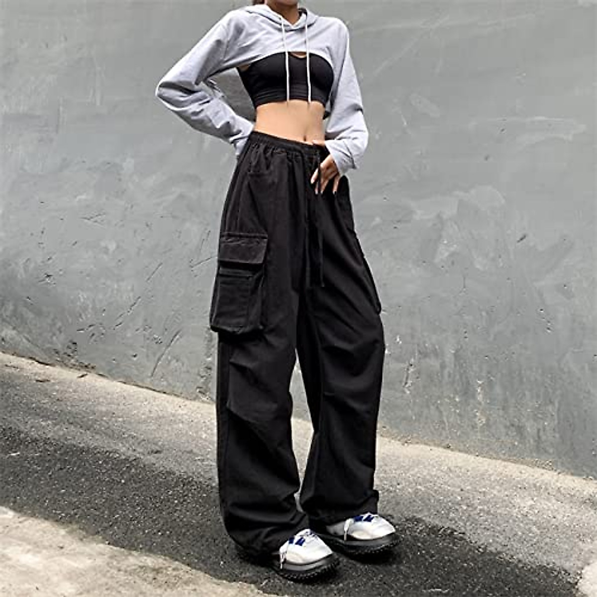Linsennia Parachute Pants for Womens Wide Leg Cargo Pants Y2k with Pockets Baggy Casual Harajuku Streetwear Goth