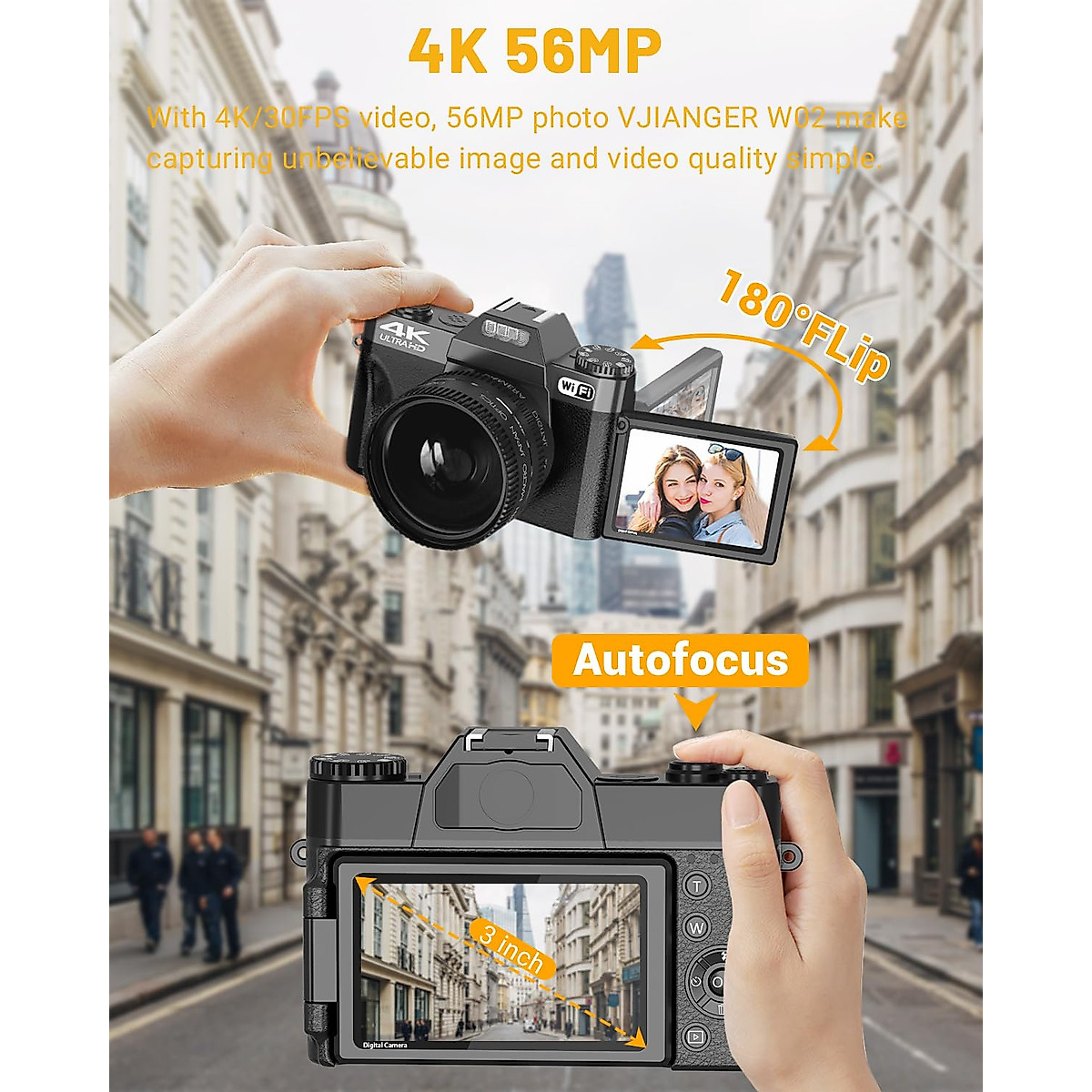 Digital Camera for Photography VJIANGER 4K 48MP Vlogging Camera for YouTube with WiFi, 180 Degree Flip Screen, 16X Digital Zoom, 52mm Wide Angle & Macro Lens, 2 Batteries, 32GB TF Card(W02 Black6)