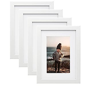 KINLINK 6x8 Picture Frames White, Photo Frames with Real Glass for Picture 4x6 with Mat or 6x8 without Mat, Composite Wood Picture Frames for Table Top and Wall Mounting, Set of 4