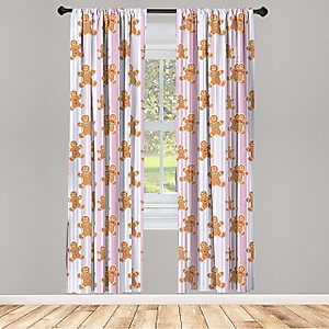 Ambesonne Gingerbread Man Curtains, Pattern with Pastel Colored Striped Backdrop Bakery Xmas Goodies, Window Treatments 2 Panel Set for Living Room Bedroom, Pair of - 28" x 84", Brown Pink