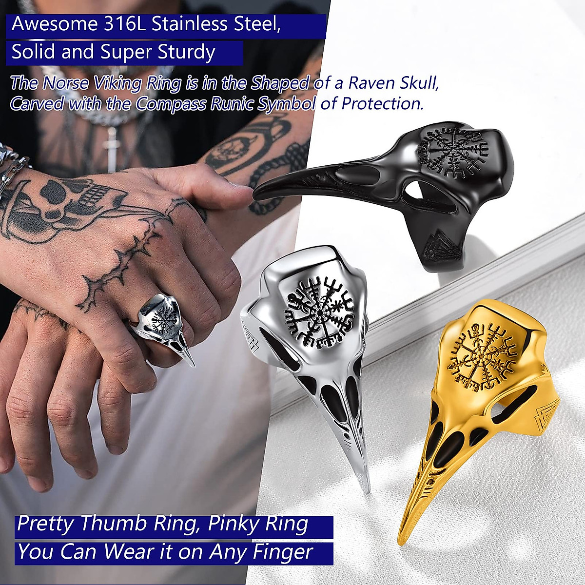 PROSTEEL Pinky Ring Size 7 Goth Vintage Viking Jewelry Raven Skull Long Finger Cool Rings For Men