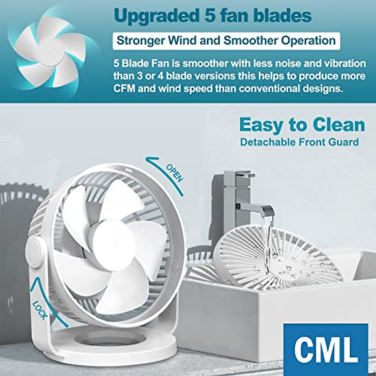 CML USB Desk Fan, 5 Inch Mini Personal Fan with 4 Speeds Brushless Motor, 360° Rotate Quiet Portable Cooling Table Fan for Home, Office, Desktop, Camping, Travel, Dorm, White