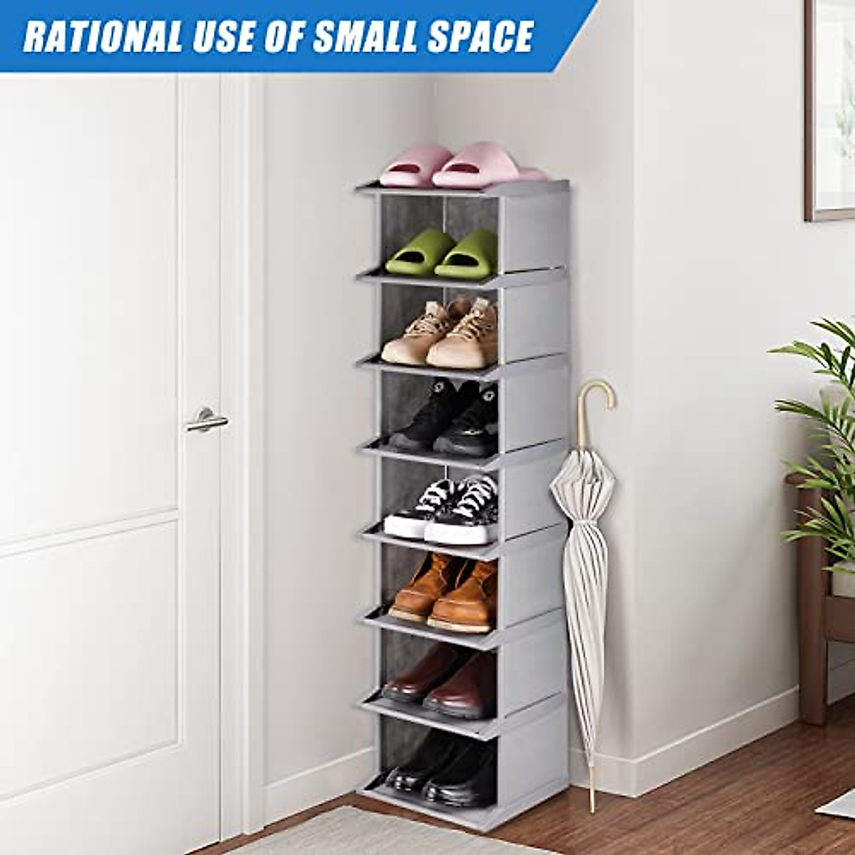 NiHome 8-Tier Narrow Shoe Rack - 12"x11"x48" Space-Saving Organizer for Home Closet, Hallway, Entryway, Bedroom and Living Room - Stackable and Free-Standing with Lightweight Fabric Design