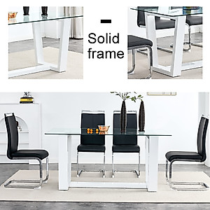 LKTART 63'' Tempered Glass Tabletop Industrial Rectangular Conference Table Dining Table with Black Leg Metal Frame(White)