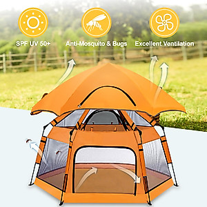 CELETOY Baby Pop Up Playpen with Canopy, Pop Up Baby Pop Up Tent with Safety Lock, Portable Toddler Play Yard with Travel Bag, 6 Ground Stakes, 6 Sand Stakes