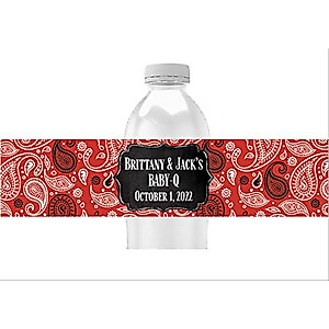Paisley Personalized Water Bottle Labels, Birthday Party Favors, Pack of 25, Waterproof, Peel and Stick Wrappers (Red)