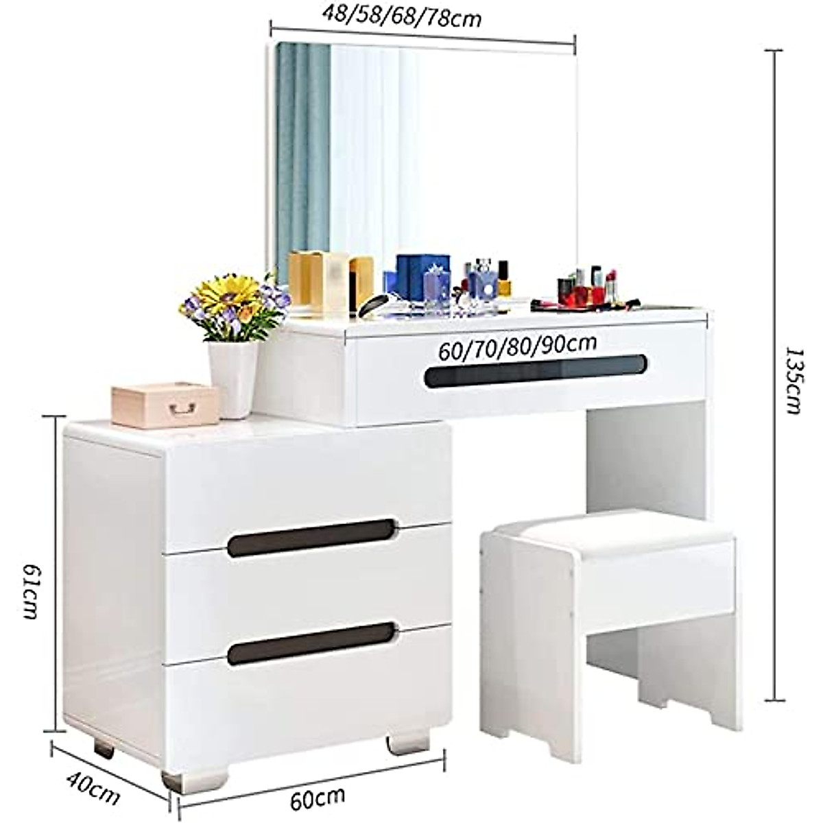 LEONYS Makeup Vanity Table, Vanity Set with Mirror & Sturdy Stool, Dressing Table, 4 Drawers & Bedside Table for Ample Storage (Size : 9OCM)