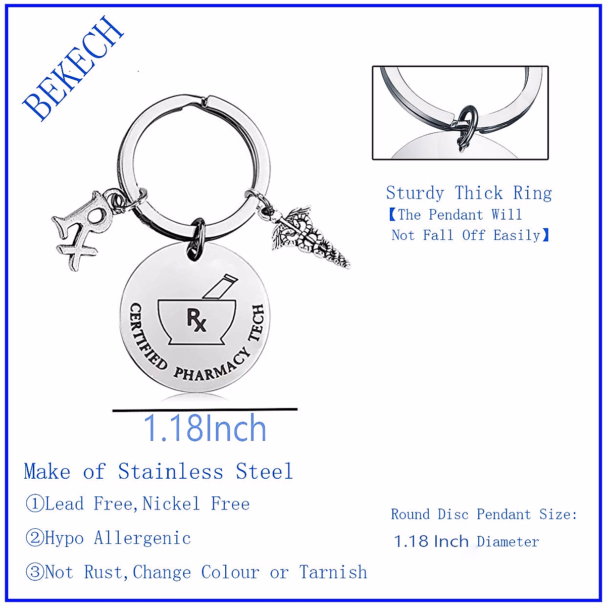 BEKECH Pharmacy Technician Gifts RX Pharmacist Keyring Gift Certified Pharmacy Tech Keychain RX Jewelry Pharmacy Jewelry Pharmacist Gift Pharmacy Student Graduation Gift (silver)