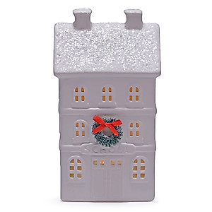 Mark Feldstein & Associates Holiday Wreath Village with Trees, White Unglazed Porcelain LED Christmas Figurines, 18 Piece Set