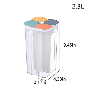 Typutomi Airtight Cereal Storage Container, Clear 4 Grid Grain Storage Tank Food Storage Container with Lids Noodle Storage Box for Grain, Nuts,Rice, Candy, Snacks(Dark Colored Lid, 2.3L)
