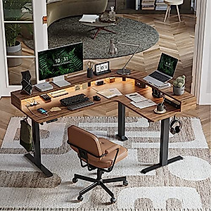 FEZIBO Triple Motor L Shaped Stadning Desk with LED Strip & Power Outrlets，63 inches Height Adjustable Stand up Corner Desk with Ergonomic Monitor Stand, Black Frame/Black Walnut Top