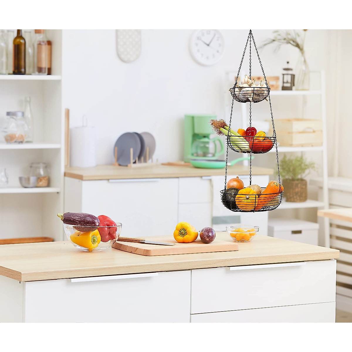 CAXXA 3-Tier Hanging Basket Fruit Organizer Kitchen Heavy Duty Wire Organizer with 2 Free Bonus Metal Ceiling Hooks, Black