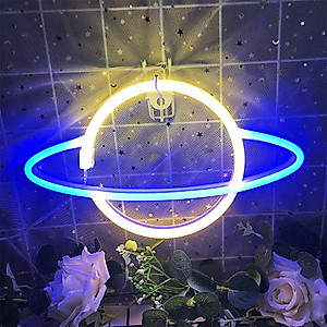 iceagle Neon Signs-Planet Neon Sign|Led Neon Light neon Wall Signs|Battery & USB Powered Light Up Wall Decor|Neon Sign for Bedroom Party Wedding Kids Girls Boy Room,Warmwhite&Blue