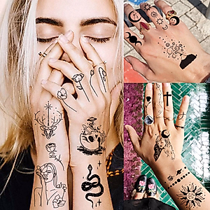 Shegazzi 28 Sheets 220+ Minimalism Temporary Tattoos - Moon, Sun, Stars, Snakes, Flowers for Women, Men, Adults, Kids