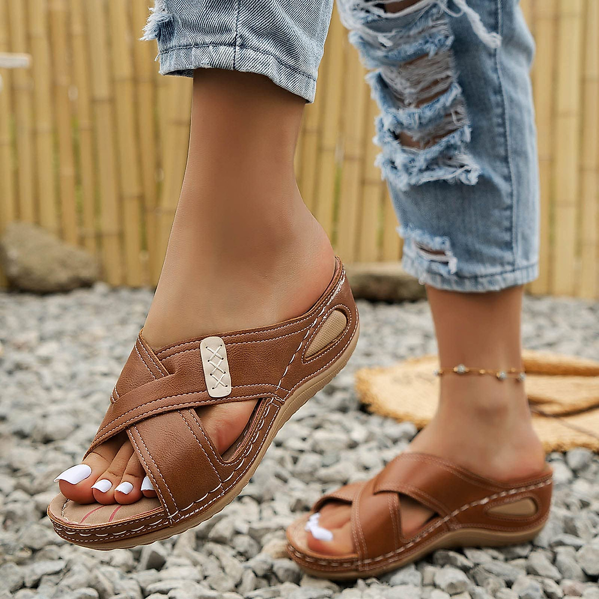 ZHIZAIHU Women Slip On Wedge Sandals Summer Comfortable Beach Shoes PU Leather Open Toe Platform Sandals (Brown, 8)