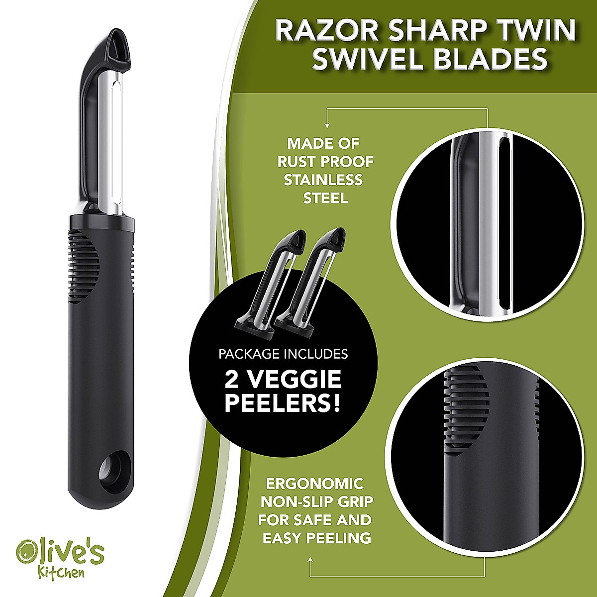 Olive's Kitchen Vegetable Peeler Set – Ergonomic Grip Peelers for Kitchen w/Razor-Sharp Swivel Blades - Stainless Steel Fruit Peeler for Potato, Apple, Carrot, Cucumber - Veggie Peeler (2 Pack)