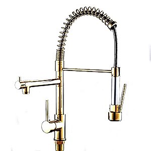 Kitchen Faucet with Pull Down Sprayer Gold Pull Out Kitchen Faucets Commercial Spring Kitchen Sink Faucet Hot and Cold Water Deck Mounted Brass Sink Tap 2 Spout with Standard Fittings