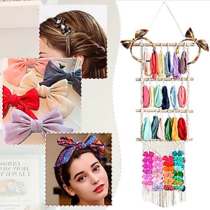 Nerien Headband Holder, Hair Bow Organizer for Girls Baby Toddler, Macrame Wood Hair Accessories Wall Closet Hanging Storage Display, for Hair Ribbons Ties Clips, with 30 Pcs Hooks for Shower Room