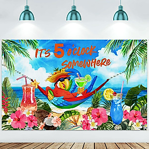 It's 5 O' Clock Somewhere Summer Backdrop Tropical Parrot Banner Beach Hawaii Decoration Polyester Background Nautical Cocktails Drinks Bar Party Supplies Holiday Photo Booth Prop Indoor Outdoor