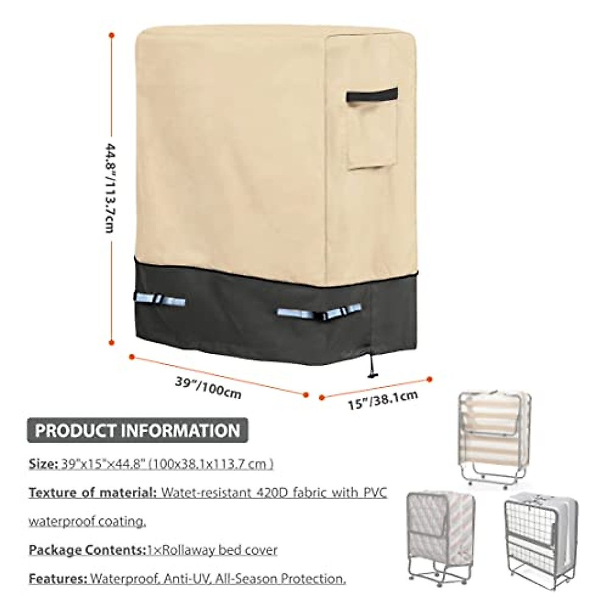 Aaaspark Folding Bed Storage Cover, Rollaway bed cover, waterproof and breathable Oxford cloth, suitable for 39 inch double bed (39 "x 15" x 44.8 "), indoor and outdoor universal, beige gray splicing