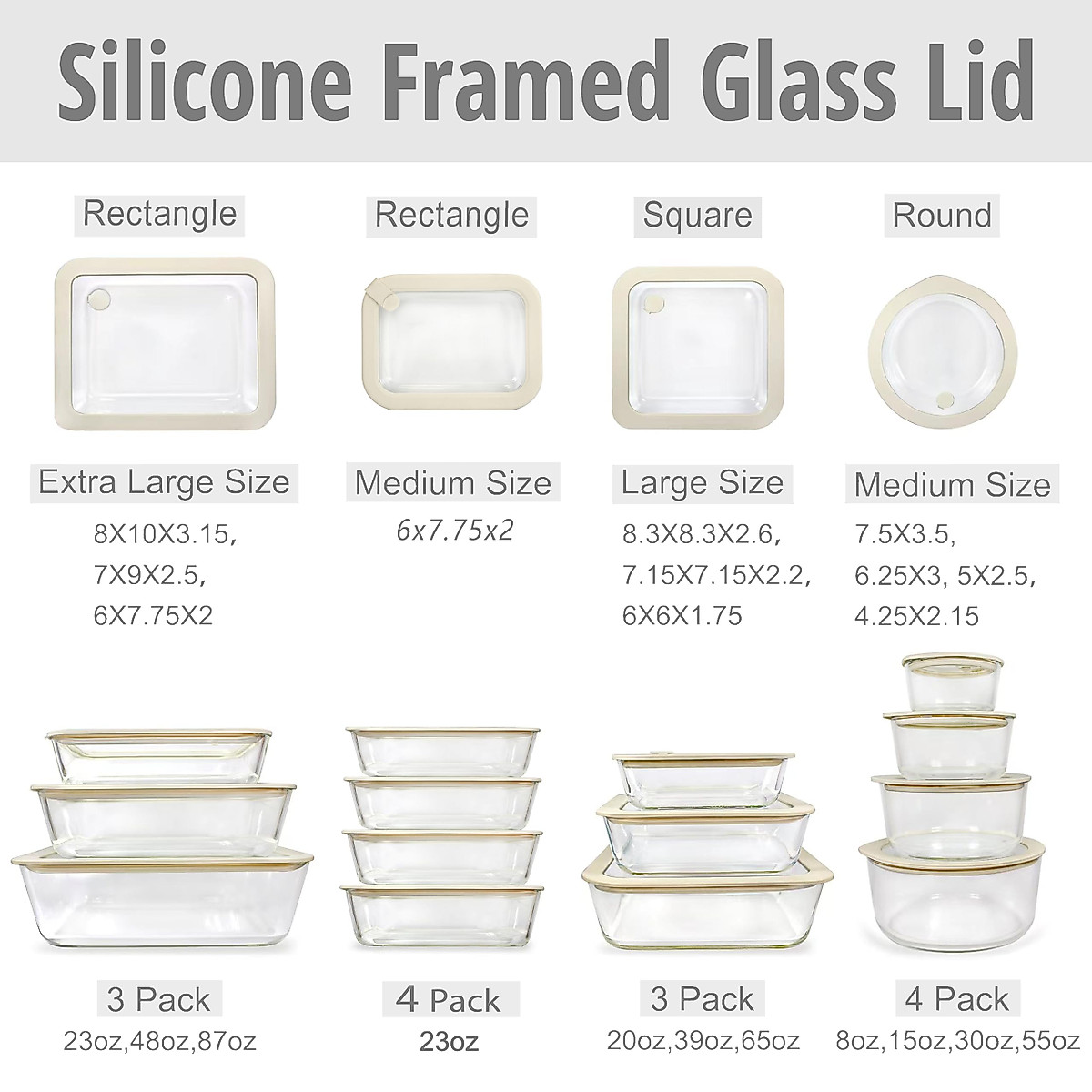 Urban Green Glass Food Container Set with Glass Lid, 4 Pack, Glass Food Containers with Silicone Framed Glass Lid, Airtight, Leakproof, 100% Plastic Free, Glass Meal Prep Containers