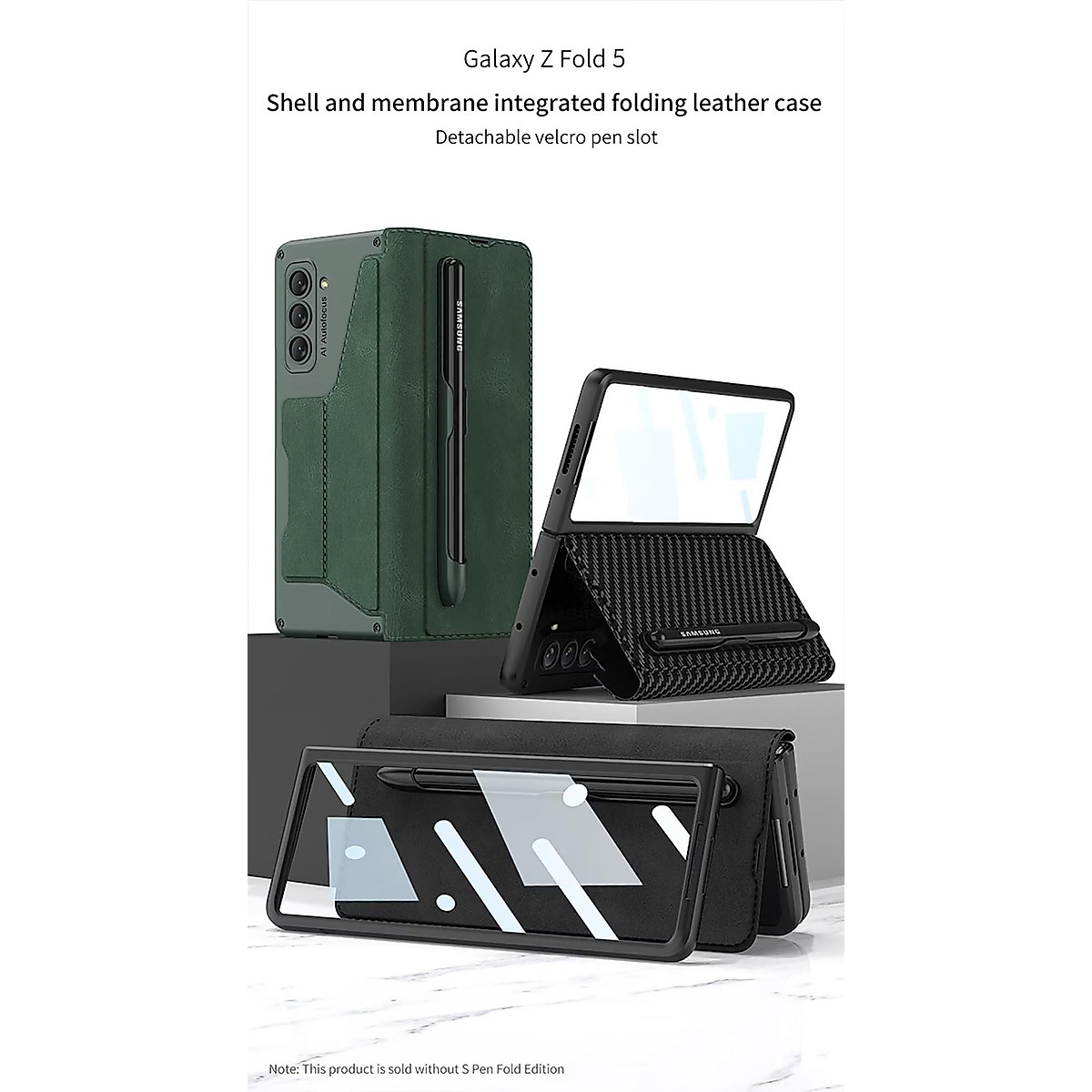 XIMAND for Samsung Galaxy Z Fold 5 5G Case with S Pen Holder (Removable),2 Card Slots,Explosion-Proof Glass,Protective Anti-Scratch,Hard Slim Leather Bracket Case with Screen Protector(Brown)