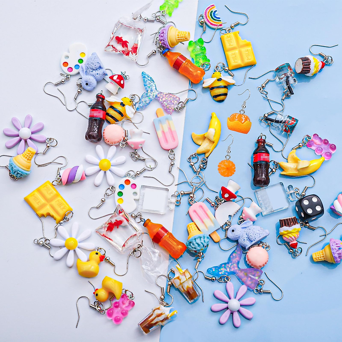 28 Pairs Weird Cute Earrings Funny Kawaii Indie Funky Earrings Including Gummy Bear Water Bottle Food Mushroom Boba Tea Earrings Goldfish Flowers Dangle Earrings for Women
